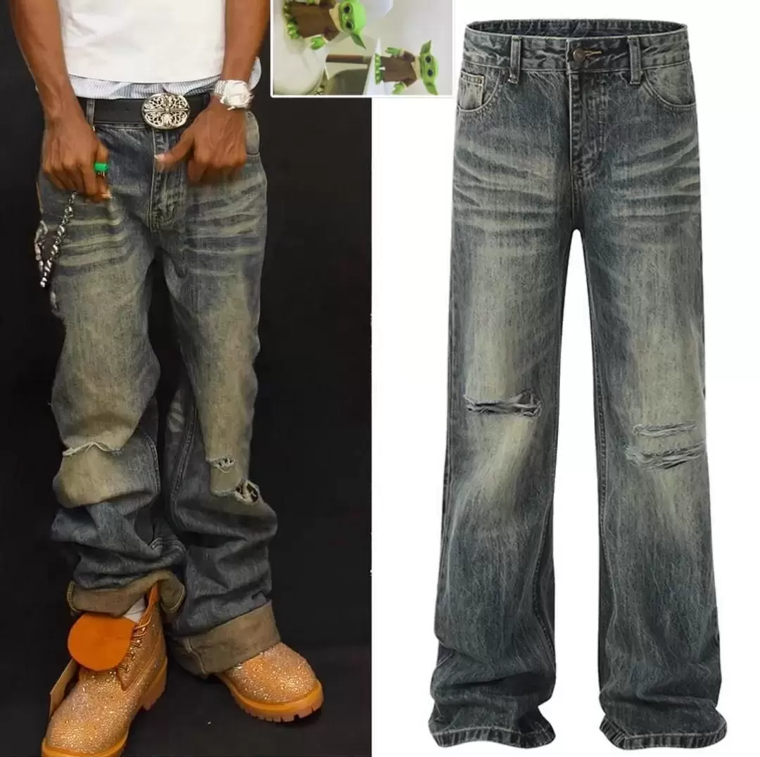 Distressed Heavy Wash Wide-Leg Jeans